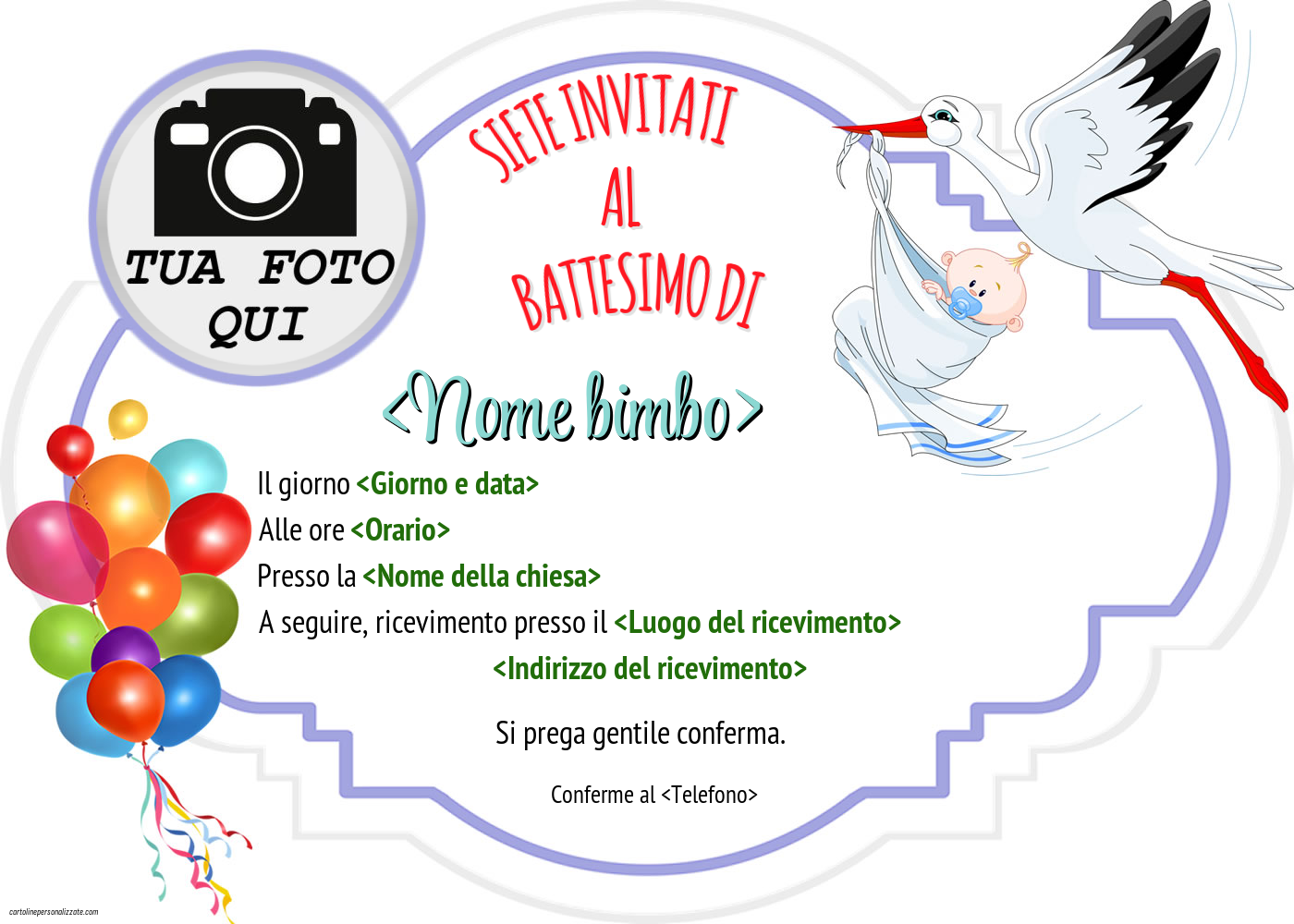 Siete invitati al battesimo - Invito con cicogna e foto del bimbo ...