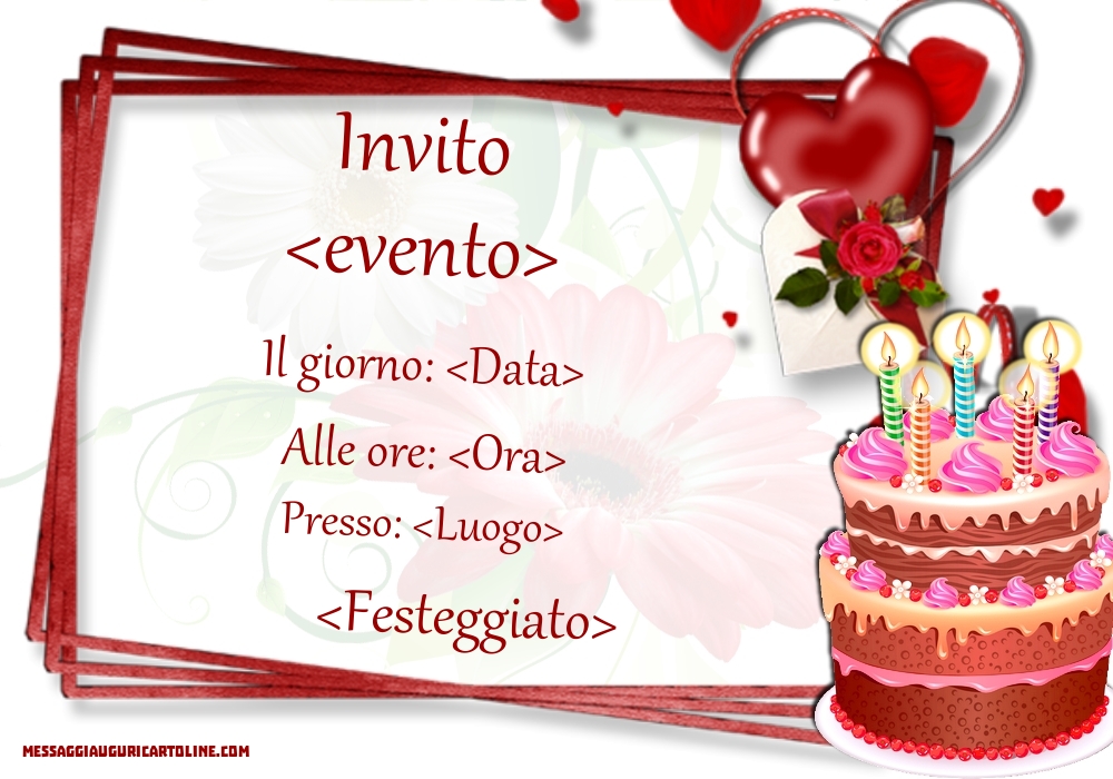 Semplice invito con torta e cuori e sfondo con fiori | Crea inviti ...