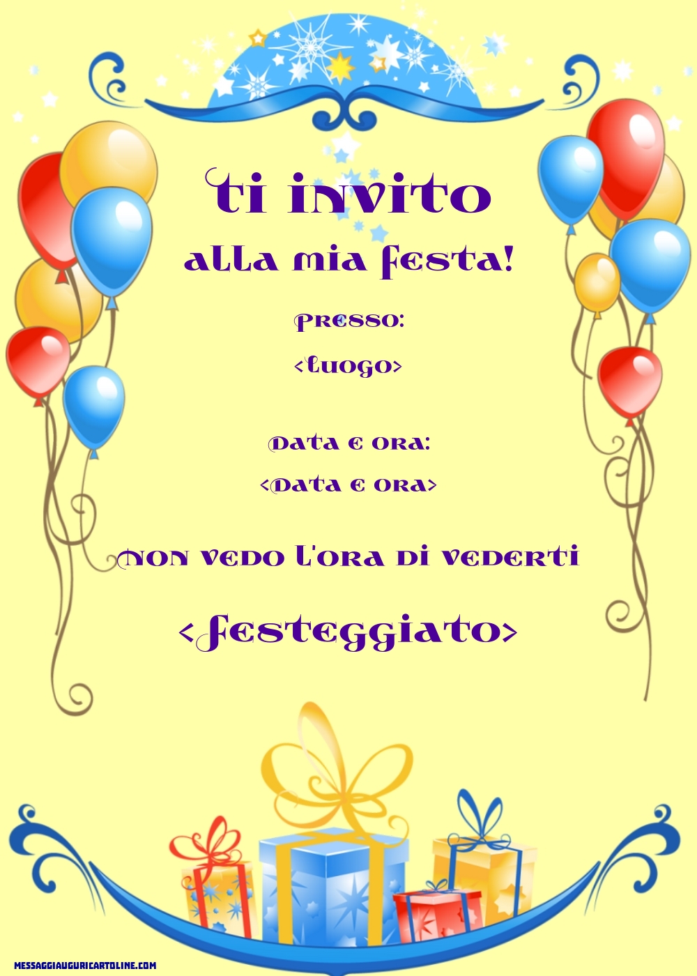 Invito verticale con regali e palloncini | Crea inviti personalizzati ...