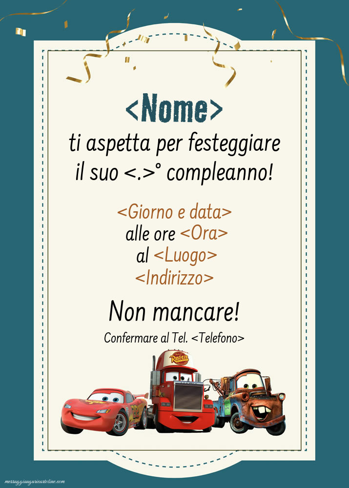 Invito tema auto Cars | Crea inviti personalizzati di compleanno per ...