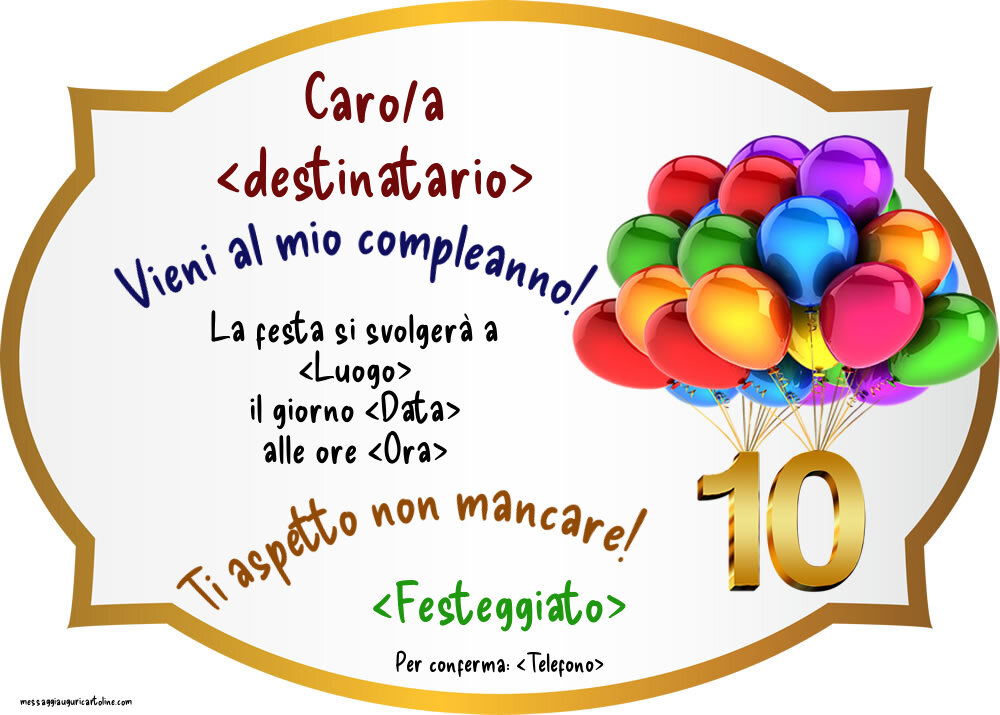 Invito con palloncini colorati per bambino o bambina di 10 anni | Crea ...