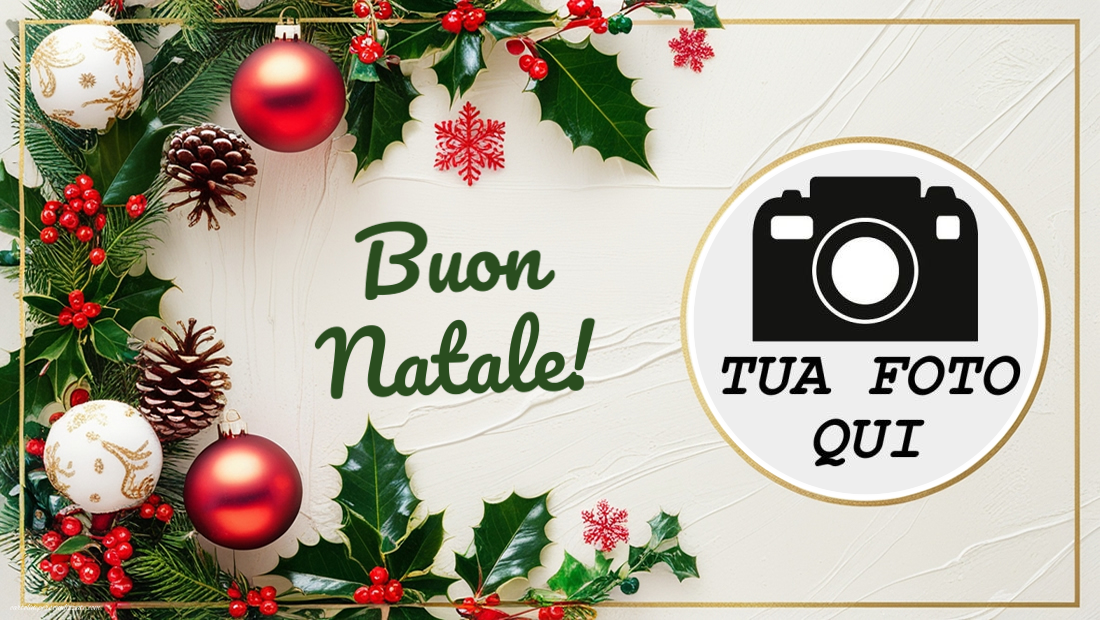 Buon Natale! - Cornice foto su sfondo con decorazioni natalizie | Crea cartoline personalizzate ...